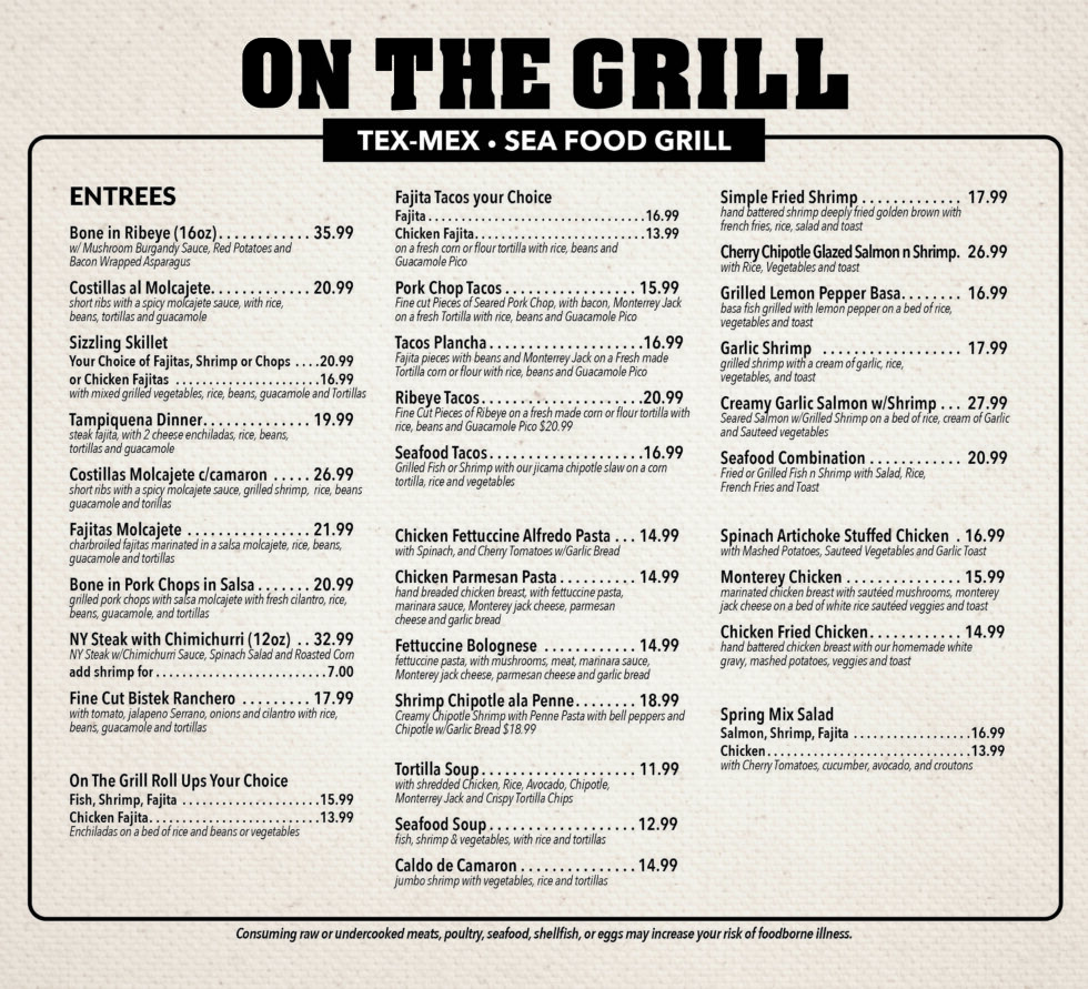 Menu | On The Grill Restaurant Bar & Grill